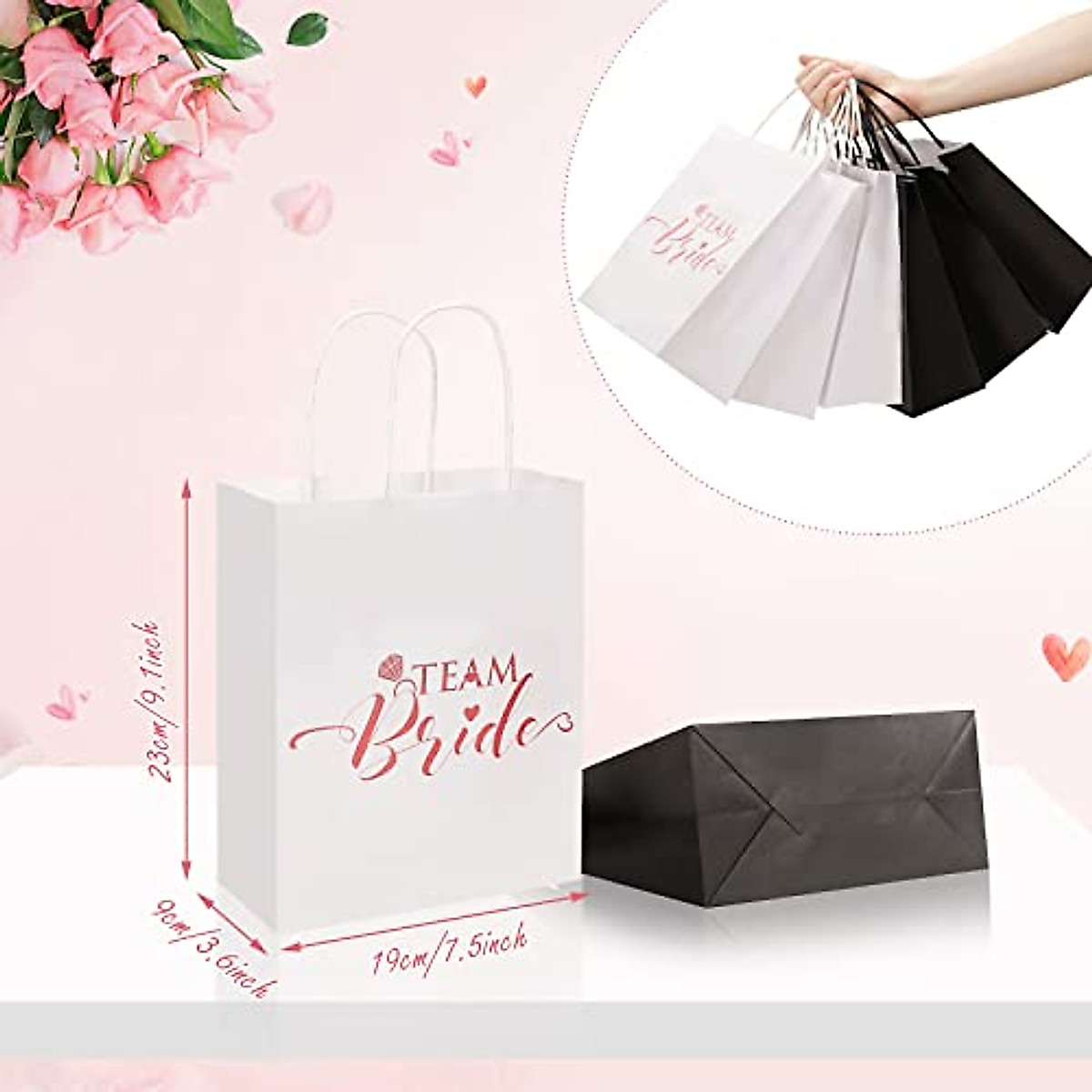 12 Pcs Bridal Party Gift Bags and 12 Tissue Paper Sets Team Bride and Team Groom Wedding Favor Bags Bridesmaid Gift Wrap Bags for Wedding Proposal Bridal Shower Gold and Rose Gold Foiled with Handle
