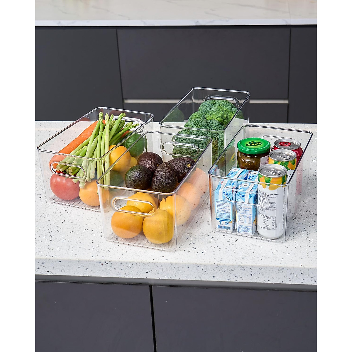 Faryuan 4 PCS Clear Plastic Storage Bins, Refrigerator Organizer Bins with Handles, Pantry Organizer Bins for Food, BPA-Free Fridge Organizer for Fridge, Freezer, Kitchen, Cabinet, Pantry, 10" Long