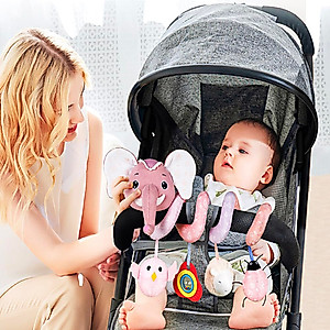 Car Seat Toys for Babies 0-6 Months, Infant Spiral Activity Toys Baby Gril Car Seat Toys 6-12 Months Hanging Stroller Toys for Baby Girls 0-6 Months with Musical Owl Rattle Sheep - Pink Elephant
