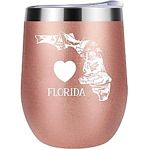 KAIRA Florida Gifts Wine Tumbler,Gift Home Decor Souvenirs Cup with Florida Shape,12 Oz with Lid,Vacuum Stainless Steel Coffee Trave Mug,Best Friends for Birthday,Idea for Women(Rose Gold)