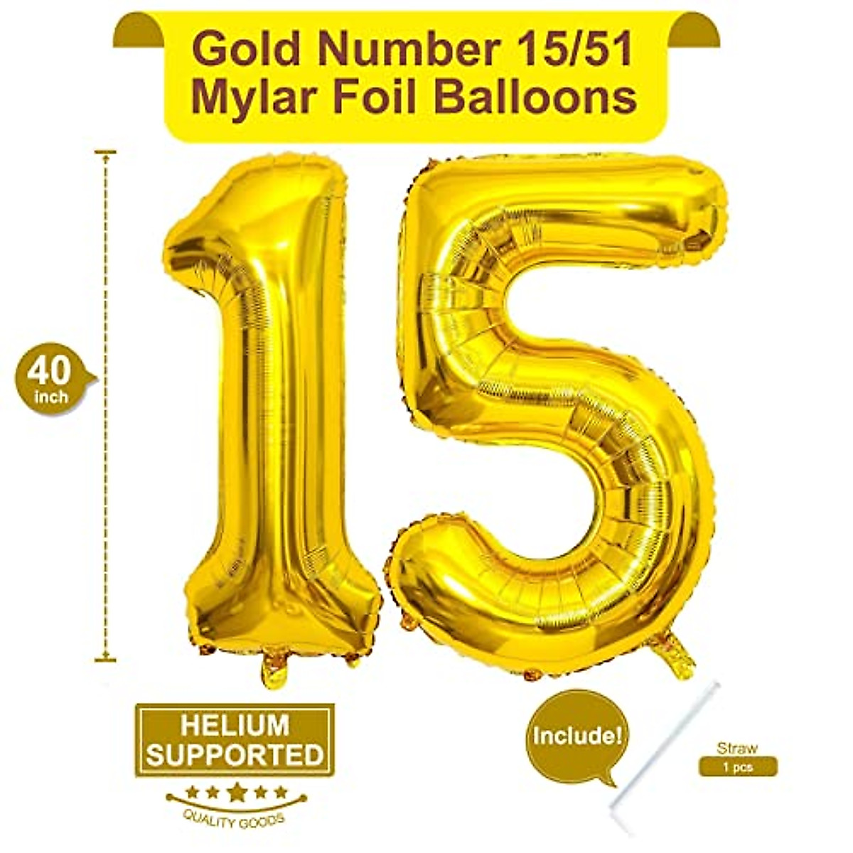40 Inch Gold 15 Number Balloons Giant Jumbo Huge 15 or 51 Foil Mylar Helium Number Digital Balloons Gold Birthday Mylar Digital Balloons 15th 51st Birthday Anniversary Events Party Decorations