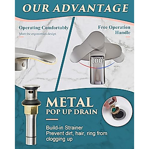 KUZOR Single Hole Bathroom Faucets Brushed Nickel, Waterfall One Hole Bathroom Faucet with Metal Pop Up Drain, Solid Brass Faucet for Bathroom Sink, Brush Nickel