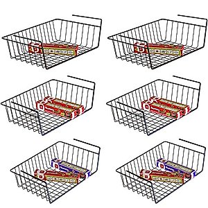 Under Shelf Basket, iSPECLE 6 Pack Hanging Under Shelf Storage Basket Under Cabinet Desk Storage Shelf Organizer Pantry Organization and Storage for Kitchen Pantry Bookshelf, Black