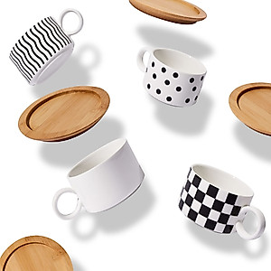 SUPERLY Stackable Espresso Cups Set of 4 - Espresso Mugs with Wooden Saucers, Metal Stand - Durable Porcelain Espresso Cup - Easy To Clean, Dishwasher-Safe - Modern Coffee, Latte, Tea Mug Set - 6 Oz