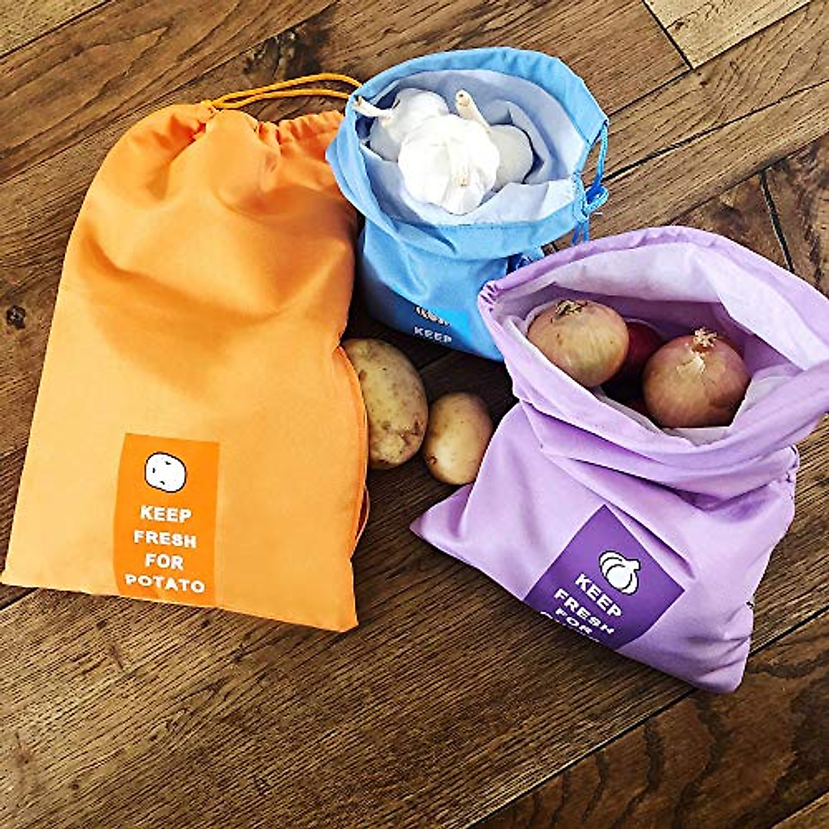 3 Vegetable Storage Bags - Onion/Potato/Garlic | Reusable produce or preserving onion bag, potato bag and garlic bag | Breathable lining to keep vegetables fresher for longer | From Jean Patrique