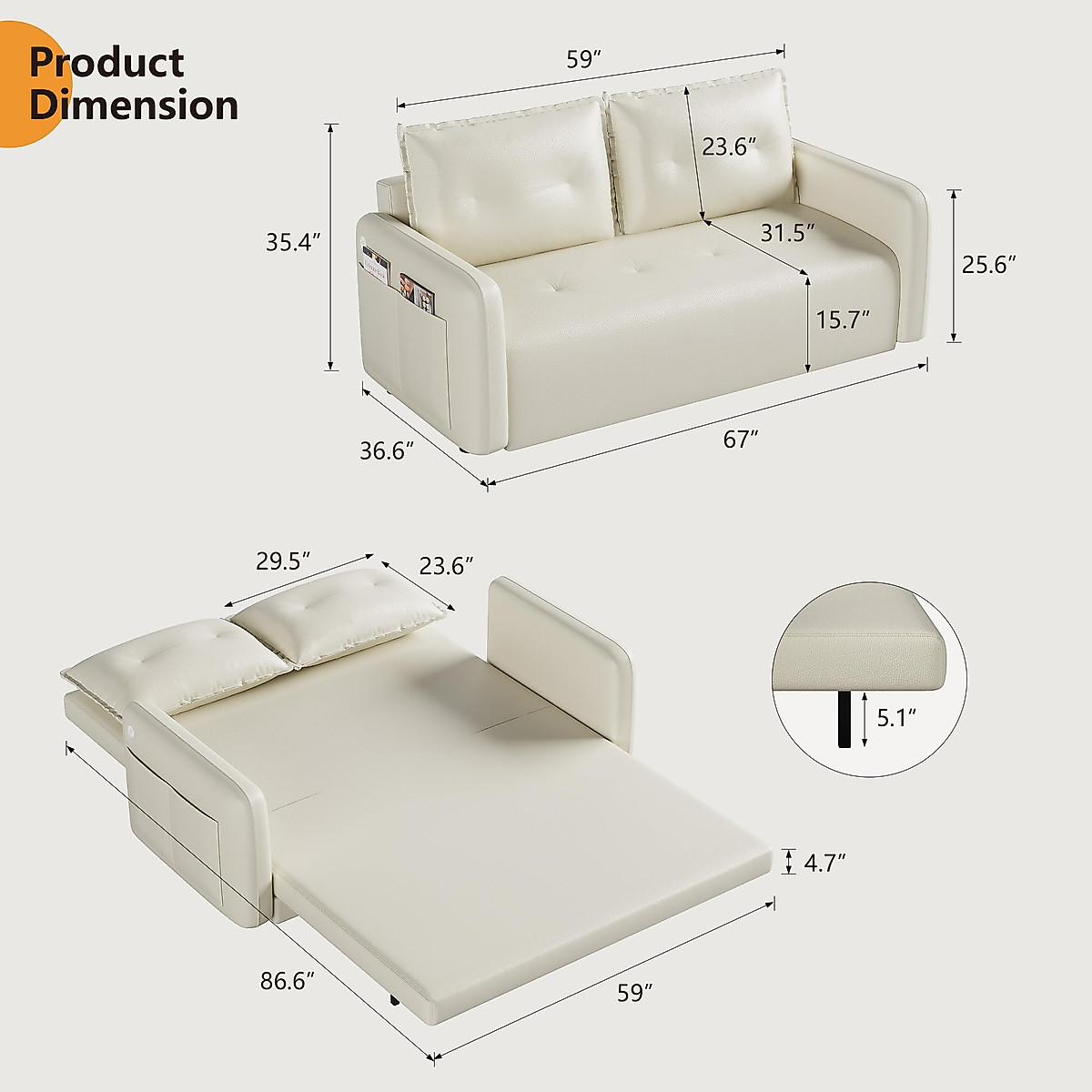 Sofa Bed Couch，3 in 1 sleeper sofa couch with pullout bed，Convertible sofa bed with 2 USB and 1 Type-C Charging Port，4 storage Pockets and 2 soft Pillows,Adjsutable Loveseat for Living Room,White