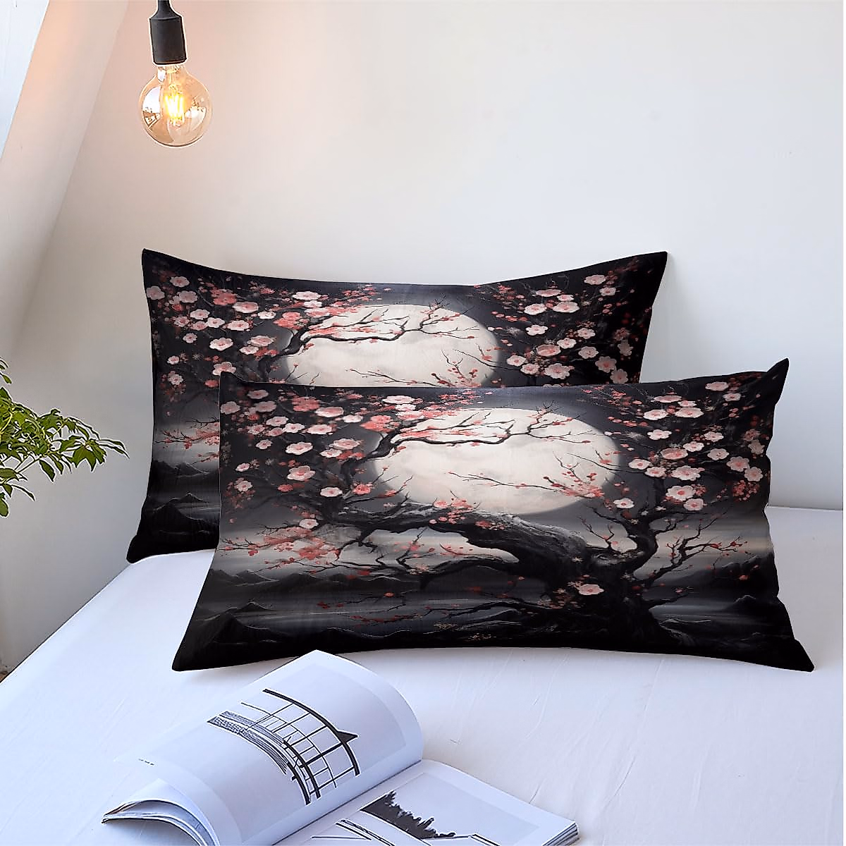 CCoutueChen King Black Pink Cherry Blossom Duvet Cover Japanese Style Cherry Blossoms Duvet Cover Set 3Pcs Vintage Floral Bedding Set with Zipper Closure 4 Ties (2 Pillowcases, No Comforter)