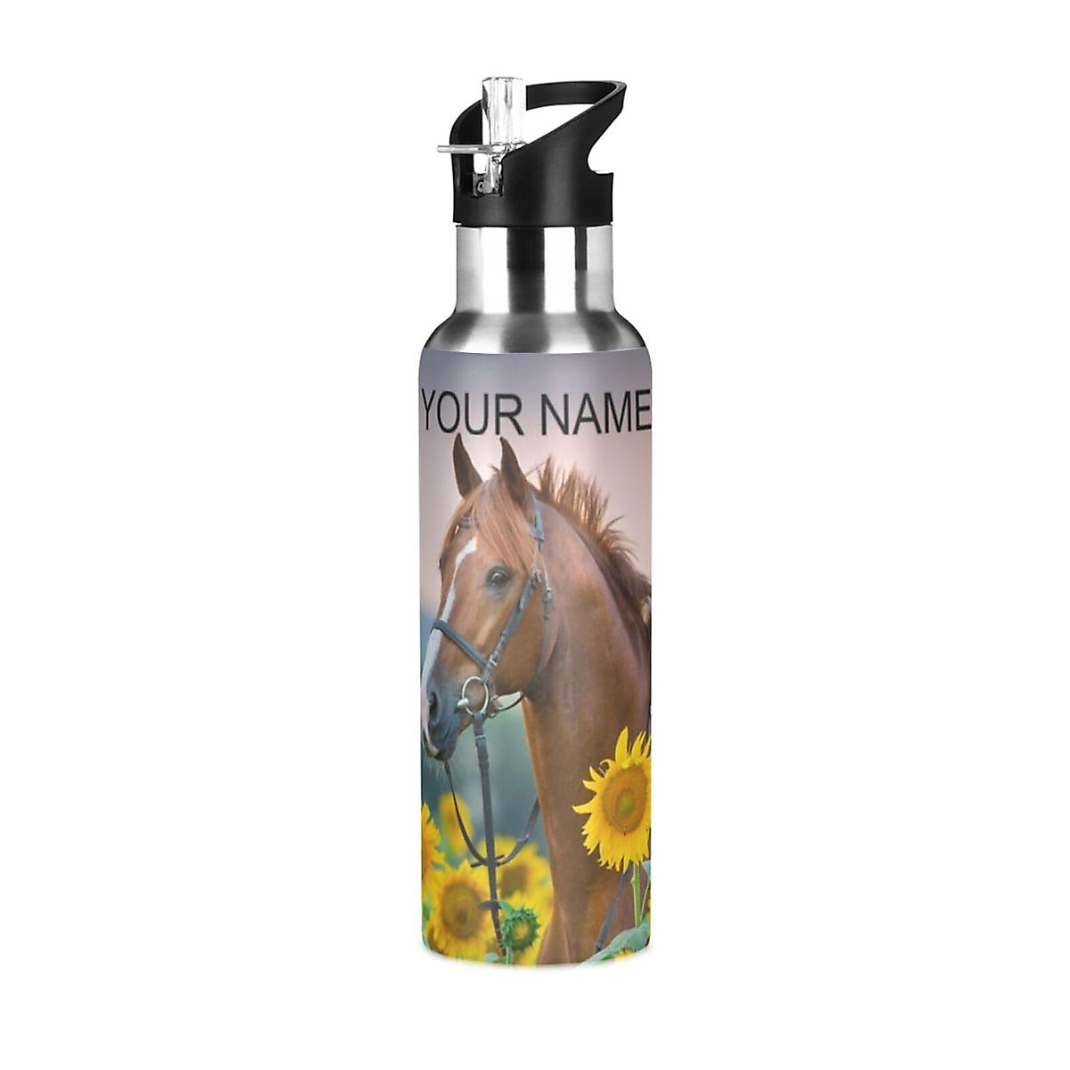 ALAZA Custom Sunflower Horse Water Bottle with Name for Kids Girls with Straw Personalized Insulated Stainless Steel Water Flask Thermos for School Sport 20 Ounce