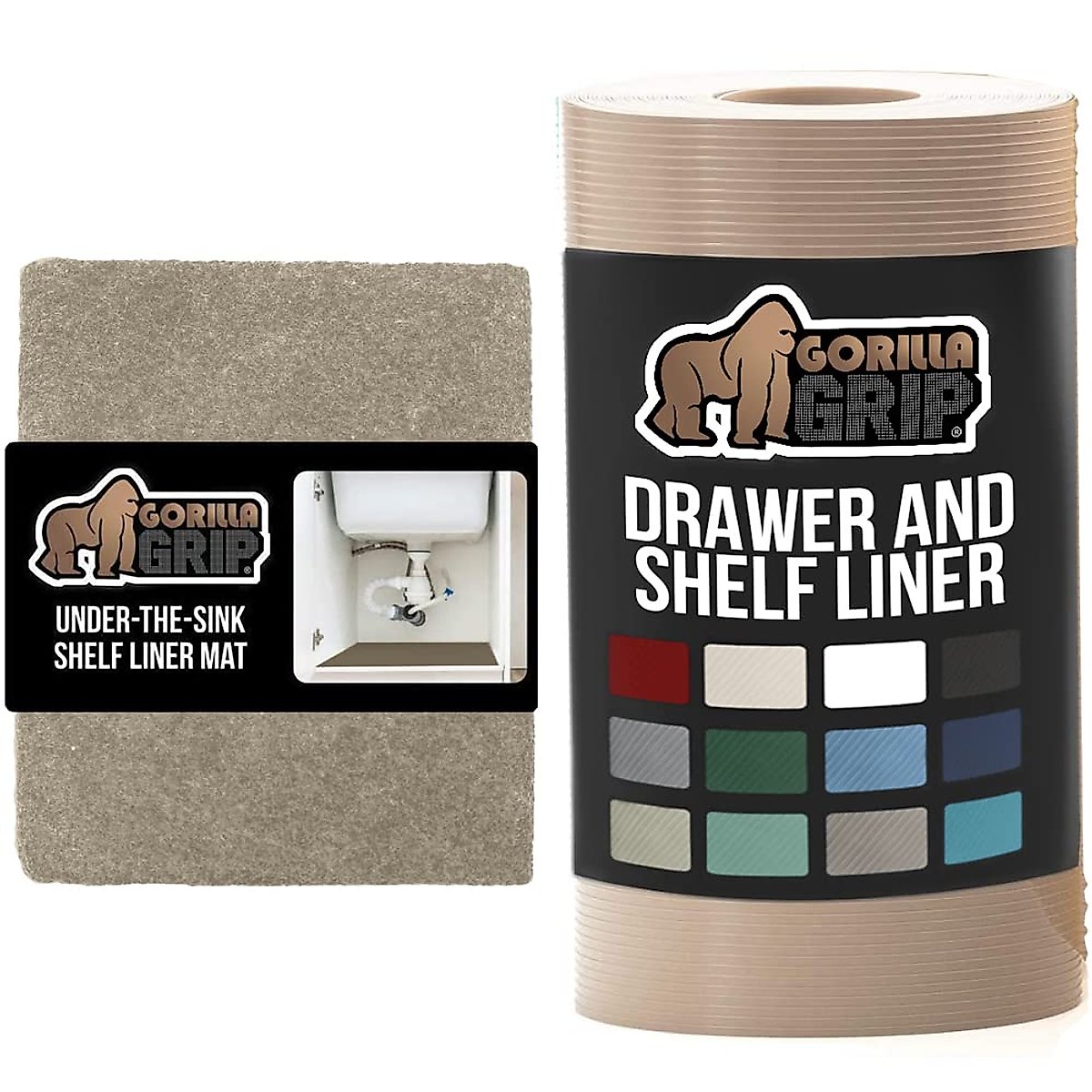 Gorilla Grip Under Sink Mat and Drawer Liner, Under Sink Mat Size 24x30, Absorbent Mat for Below Sinks, Drawer Liner Size 17.5x20 in, Strong Grip Liners for Drawers, Both in Beige, 2 Item Bundle