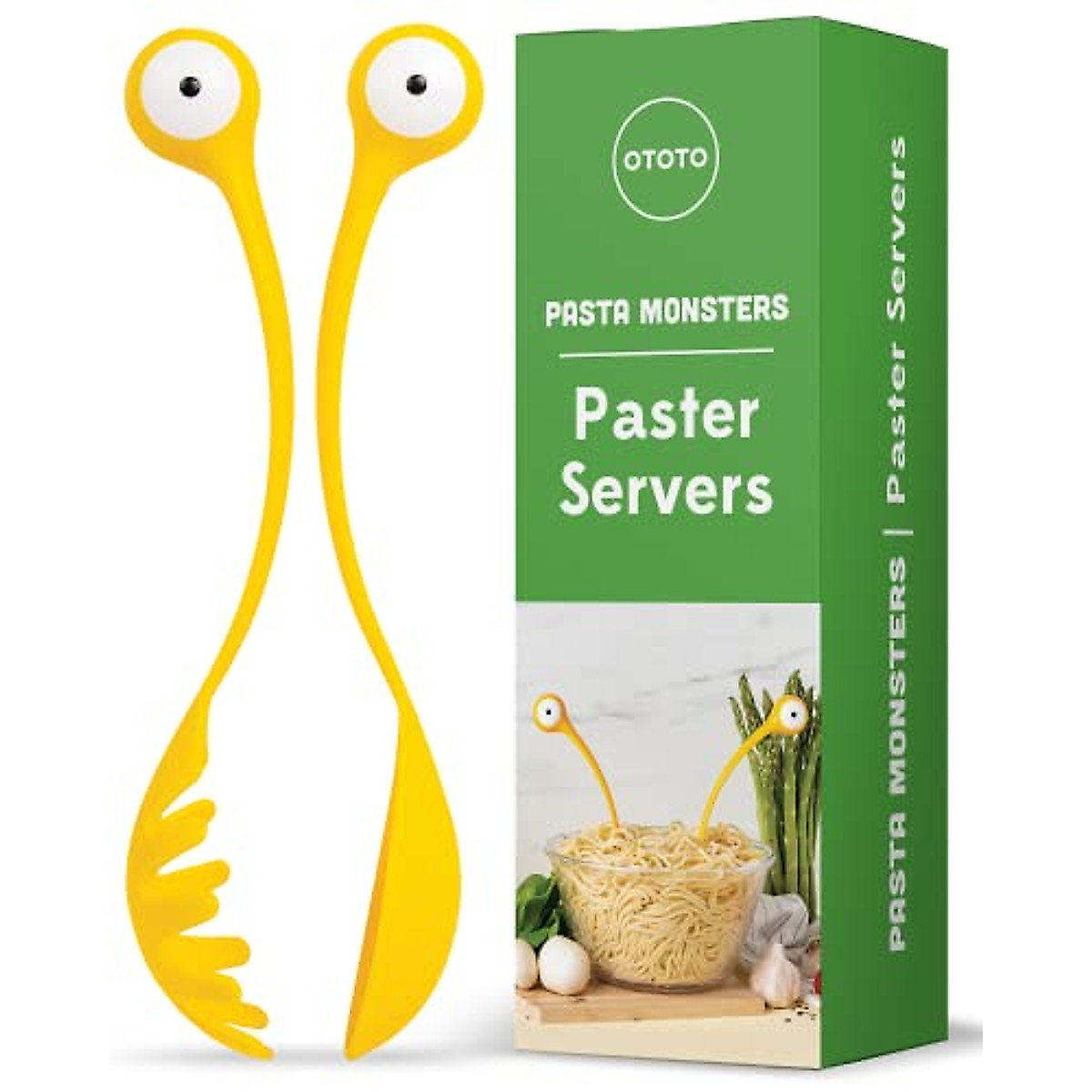 OTOTO Pasta Monsters and Salad Servers - BPA-Free Fun Kitchen Gadgets - 100% Food Safe Salad Spoon and Fork Set - Pasta and Salad Server - 11.93x 3.39 x 2.24 inch