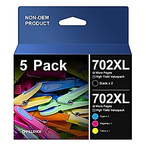 T702 T702XL 5 Pack Ink Cartridges Replacement for Epson 702 XL 702XL T702XL to use with Workforce Pro WF-3720 WF-3730 WF-3733 Printer New Upgraded Chips (2 Black, 1 Cyan, 1 Magenta, 1 Yellow)