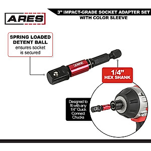 ARES 22011-3-Piece 3-Inch Impact Grade Socket Adapter Set with Color Sleeve - Turns Power Drill into High Speed Nut Driver - 1/4-Inch, 3/8-Inch, and 1/2-Inch Drive