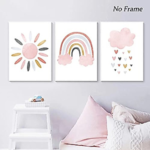 Sun Rainbow Canvas Wall Art Nursery Pink Rainbow Print Sun and Rainbow Nursery Wall Art Sun and Clouds Painting Light Pink Rainbow and Sun Art Nordic Pictures Girls Room Decor 12x16inch X3pcs No Frame