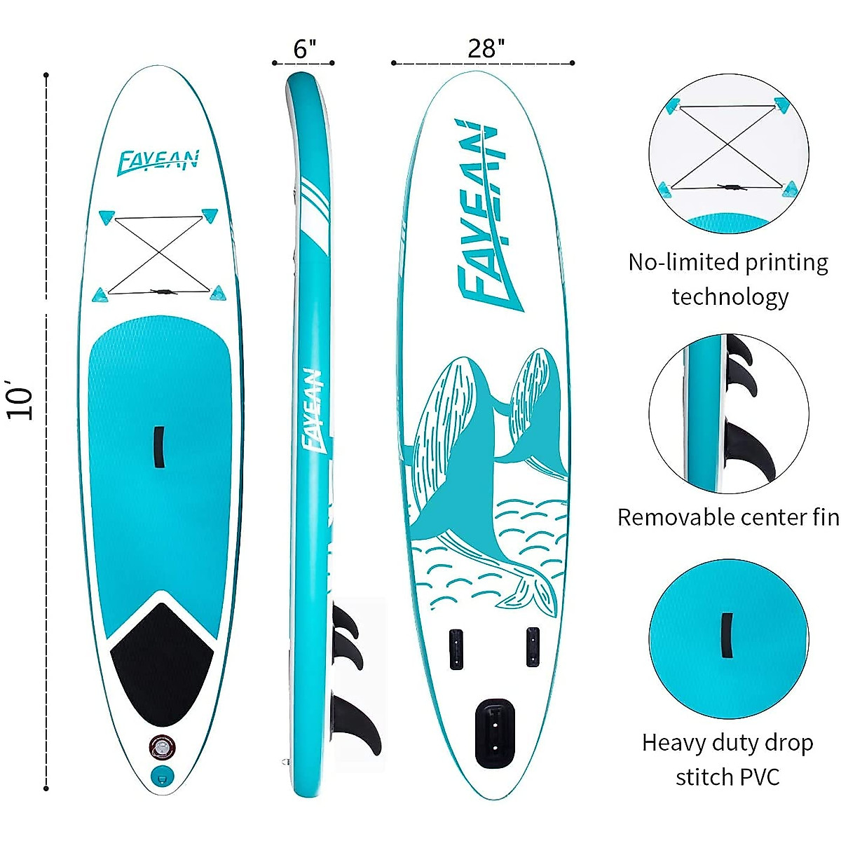 FAYEAN Inflatable Stand Up Paddle Board 10' x 28''x 6'' SUP ISUP Round Board Include Hand Pump, Paddle, Backpack, Coil Leash,Carry Bag, Repair Kit and Waterproof Case (Blue Whale)