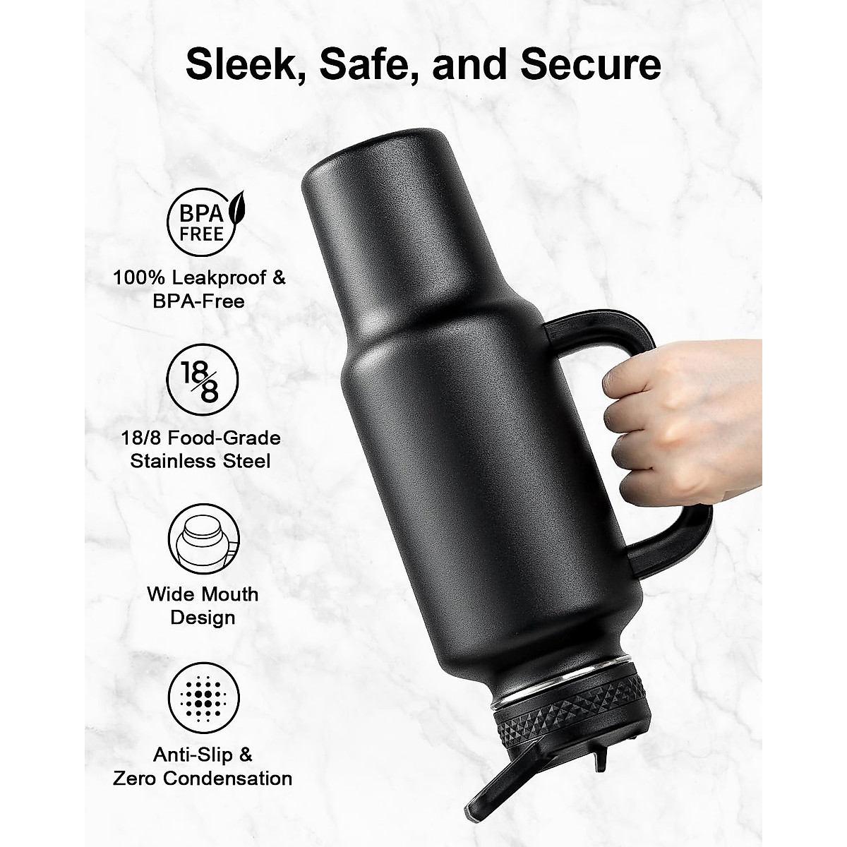 Trebo 40 oz Water Bottle Insulated Fit Car Cup Holder with Handle, Stainless Steel Water Bottles Tumbler with Spout Straw Lids, Double Wall Travel Reusable Flask, Leakproof Mug,Keep Cold &Hot,Black