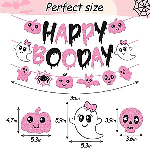 Happy Boo Day Banner Pink Black Halloween Ghost Bat Little Boo Themed for Girl Halloween Happy Boo Day Baby Shower Party Supplies Glitter Halloween Decorations