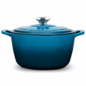 ROSSALLINI Signature Enameled Cast Iron Dutch Oven, Non-Stick Serving Pot with Tight Fitting Lid for Perfect Roasting, Baking, Sauteing, and Bread Making | 3.5Q (3.3L) - Ocean Blue