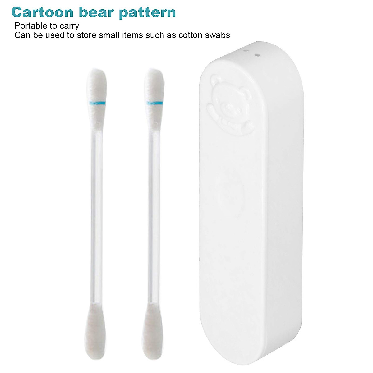 Zerodis Cotton Swab Box, Cartoon Bear Pattern Mini Travel Swab Case Unique Keepsake Trinket Box with Cover for Home Office(White)