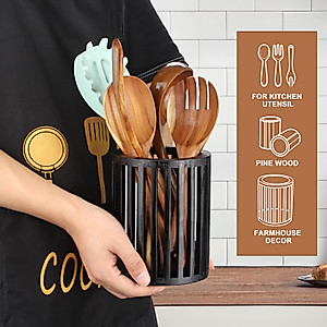 Wood Kitchen Utensil Holder Silverware Caddy Black Wooden Utensil Holder Modern Cutlery Holder Farmhouse Utensil Crock Flatware Caddy Cooking Utensil Organizer Holder for Countertop Spoon Holder