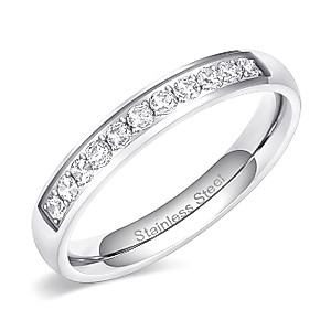 Monkton 3.5mm Women Half Eternity Bands Cubic Zirconia Promise Ring Stainless Steel Wedding Band Size 3-12.5, Silver, Size 7