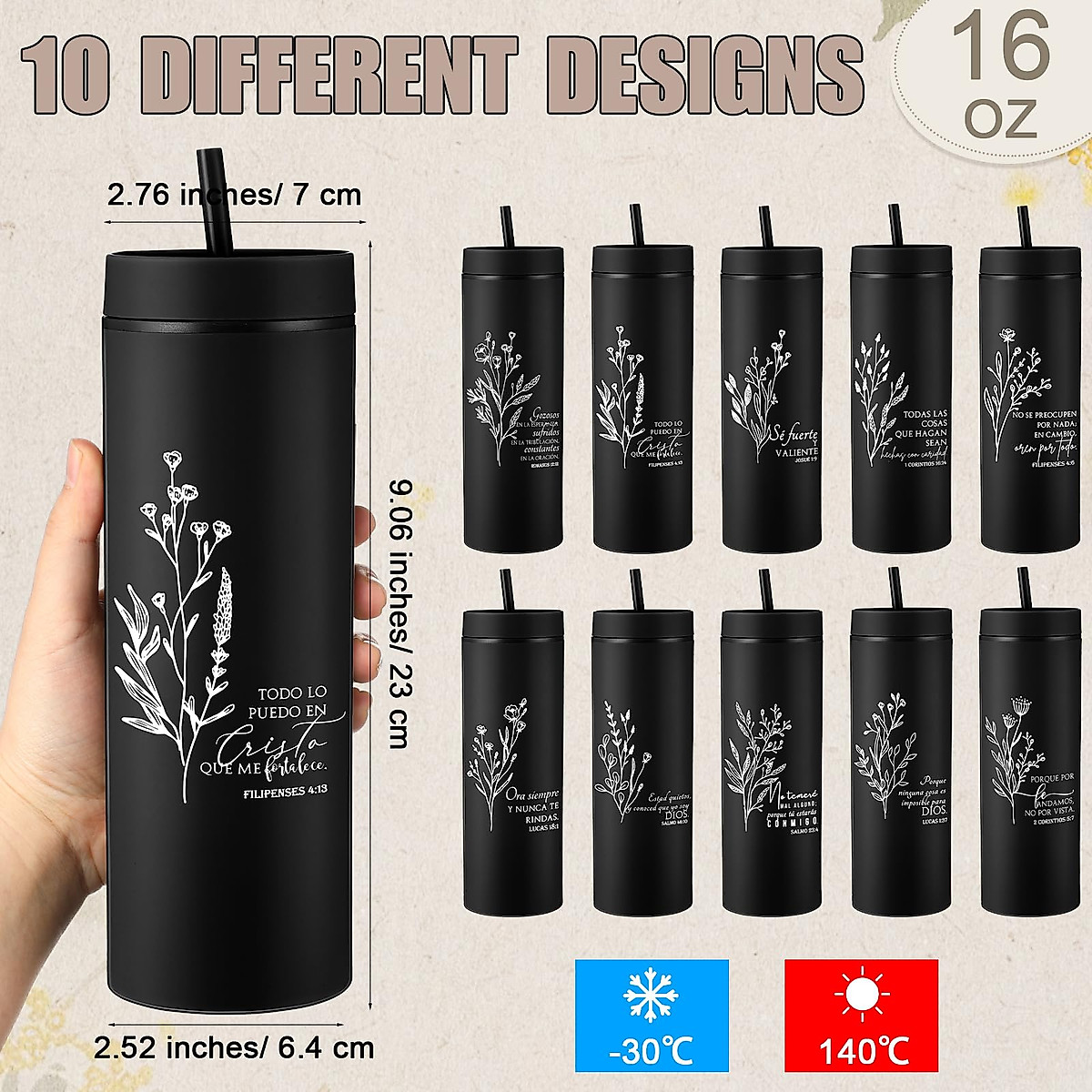 Teenyyou 10 Pcs Christian Tumbler Gifts for Men Women Bible Verse Skinny Cups 16 oz Plastic Religious Cups with Lids Straws Mother's Day Easter Gifts for Church Sunday School Teacher (Boho Spanish)