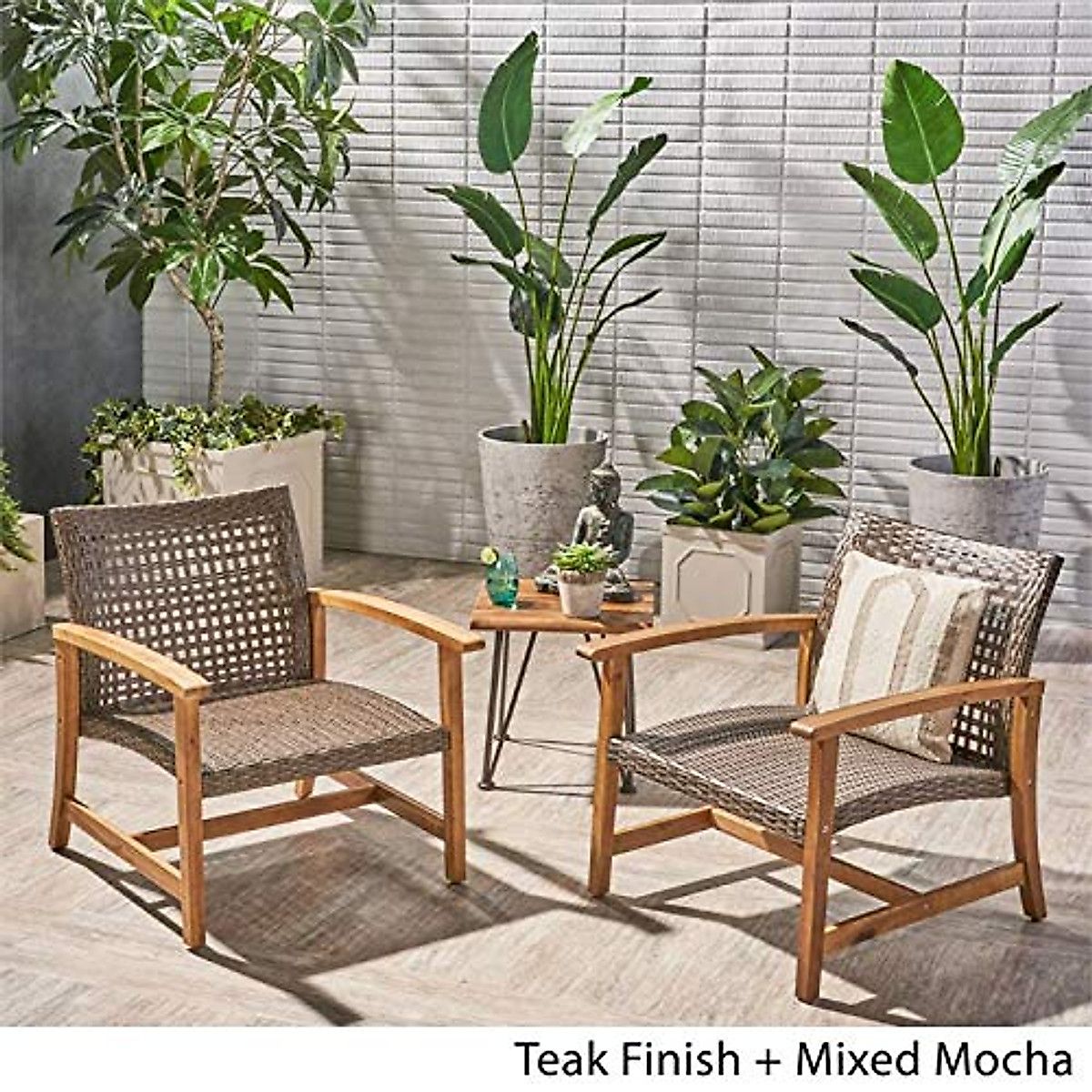 Great Deal Furniture Viola Outdoor Wood and Wicker Club Chairs (Set of 2), Teak Finish and Mixed Mocha