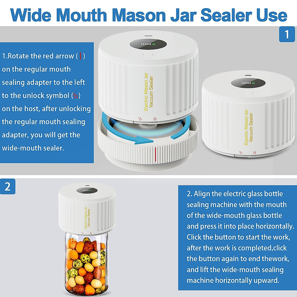 LOVE MOMENT Electric Mason Jar Vacuum Sealer Kit for Wide Mouth and Regular Mouth Mason Jar - White