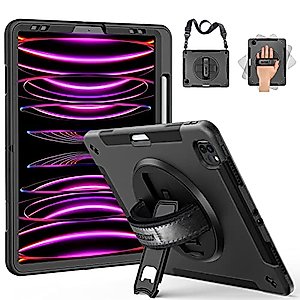 GEEKSDOM iPad Pro 12.9 Case: Military Grade Heavy Duty Shockproof iPad Pro 12.9 case 6th Generation 2022/5th Gen 2021-Pencil Holder-Hand/Shoulder Strap-Rotating Stand-Black