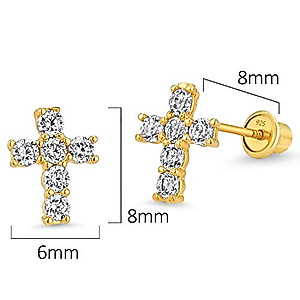 14k Gold Plated Brass Cross Cubic Zirconia Screwback Baby Girls Earrings with Sterling Silver Post