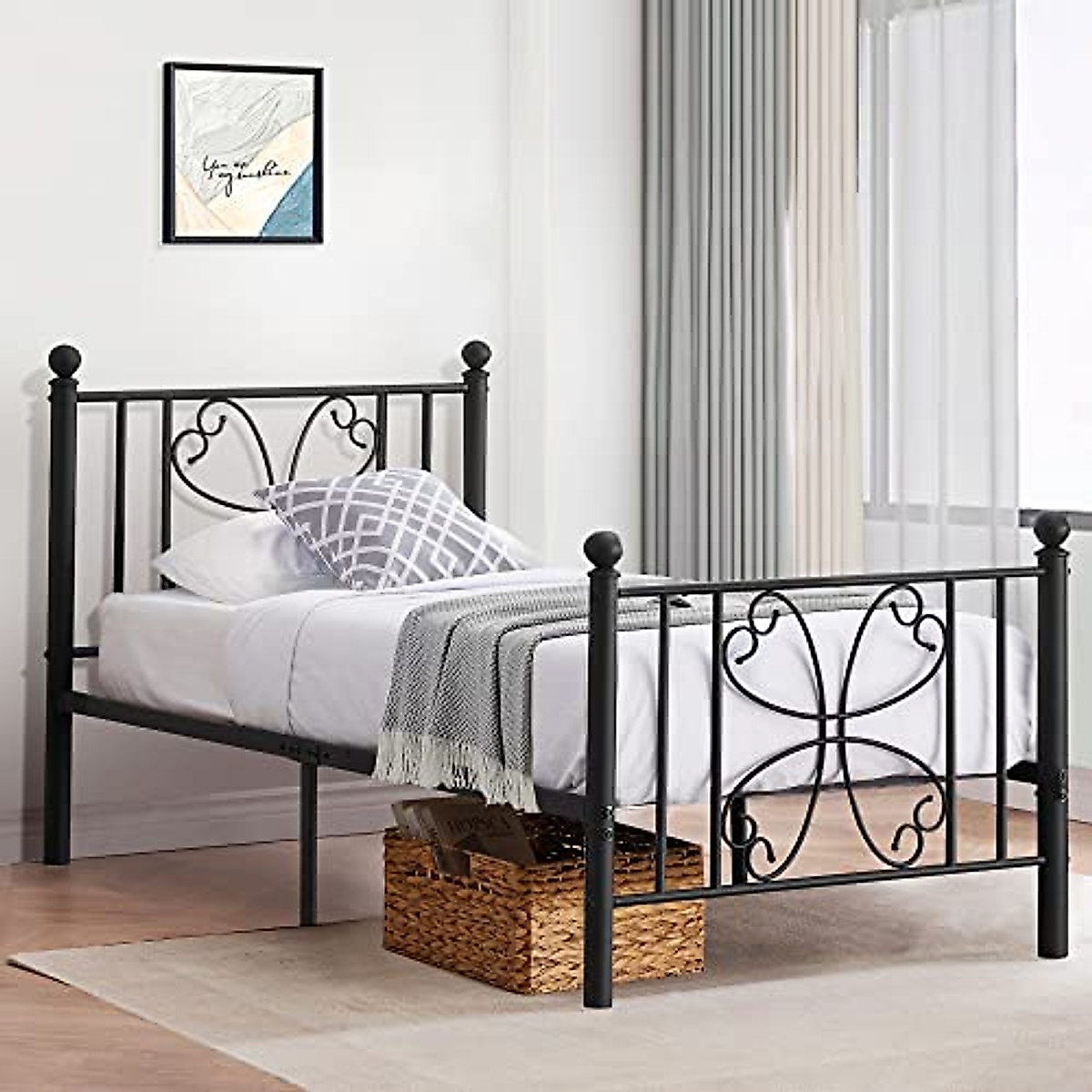 VECELO Twin Metal Platform Bed Frame Mattress Foundation with Iron-Art Headboard and Footboard, No Box Spring Needed, Noise-Free, Easy Assembly, Under Bed Storage