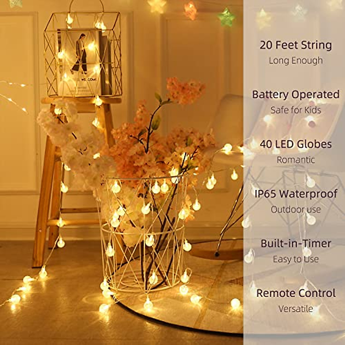 Globe String Lights Battery Operated Outdoor Lights with Remote Timer 20FT 40 LED Fairy Lights Indoor Outdoor Waterproof Hanging Lights for Patio Gazebo Balcony Garden Bedroom Christmas Décor Yummuely