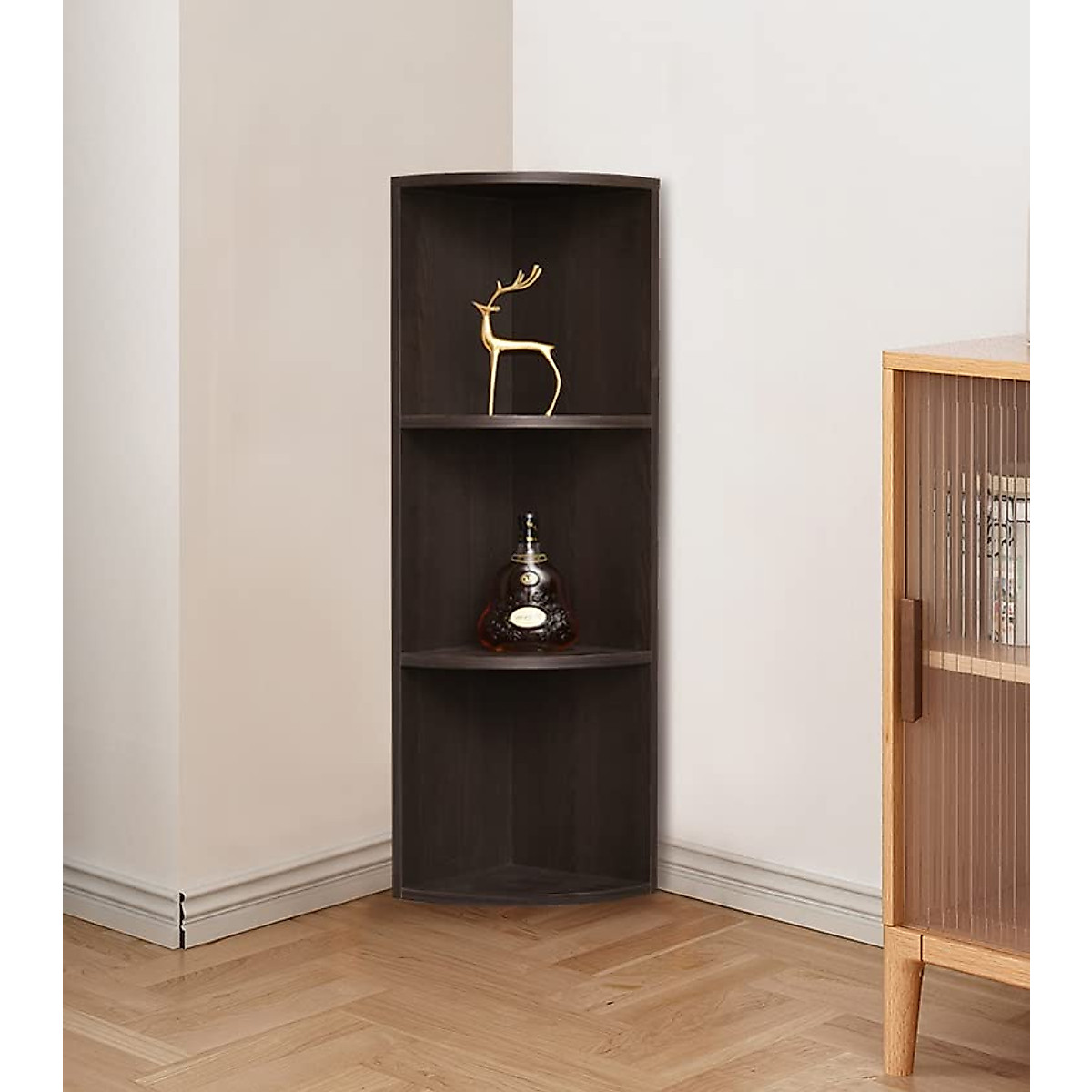 EREFAS 3-Tier Corner Wood Bookcase Corner Shelf Stand Wall Corner Cabinet Storage Shelves Industrial Rack for Bedroom，Living Room and Office （Black）