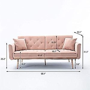 iDFURLF Mid Century Modern Velvet Fabric Couch Convertible Futon Sofa Bed Recliner Couch Accent Sofa Loveseat Sofa with Gold Metal Feet (59 Pink)