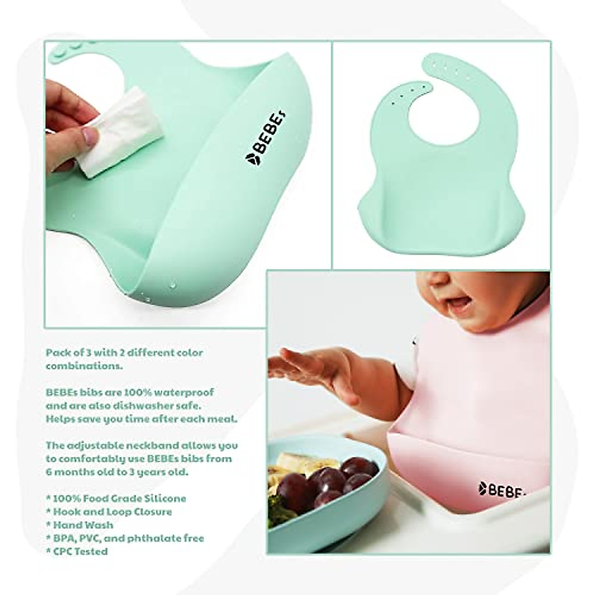 Silicone Bibs for Babies and Toddlers Boys and Girls, Pack of 3, Durable, Waterproof, Reusable, Baby Bibs from 6 Months and Up (White/Pink/Green)