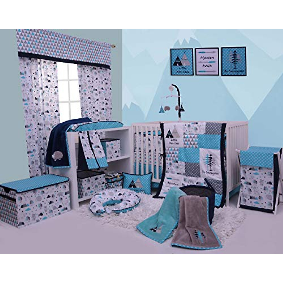 Bacati Woodlands Boys Cotton Activity Gym with Mat, Aqua/Navy/Grey