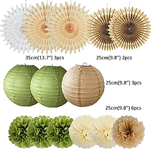 Olive Green and Brown Party Decorations Paper Lanterns and Fans Olive Green Tissue Pom Poms Cream with Gold Star Garland for Baby Shower Bridal Shower Wedding Birthday Party Decorations