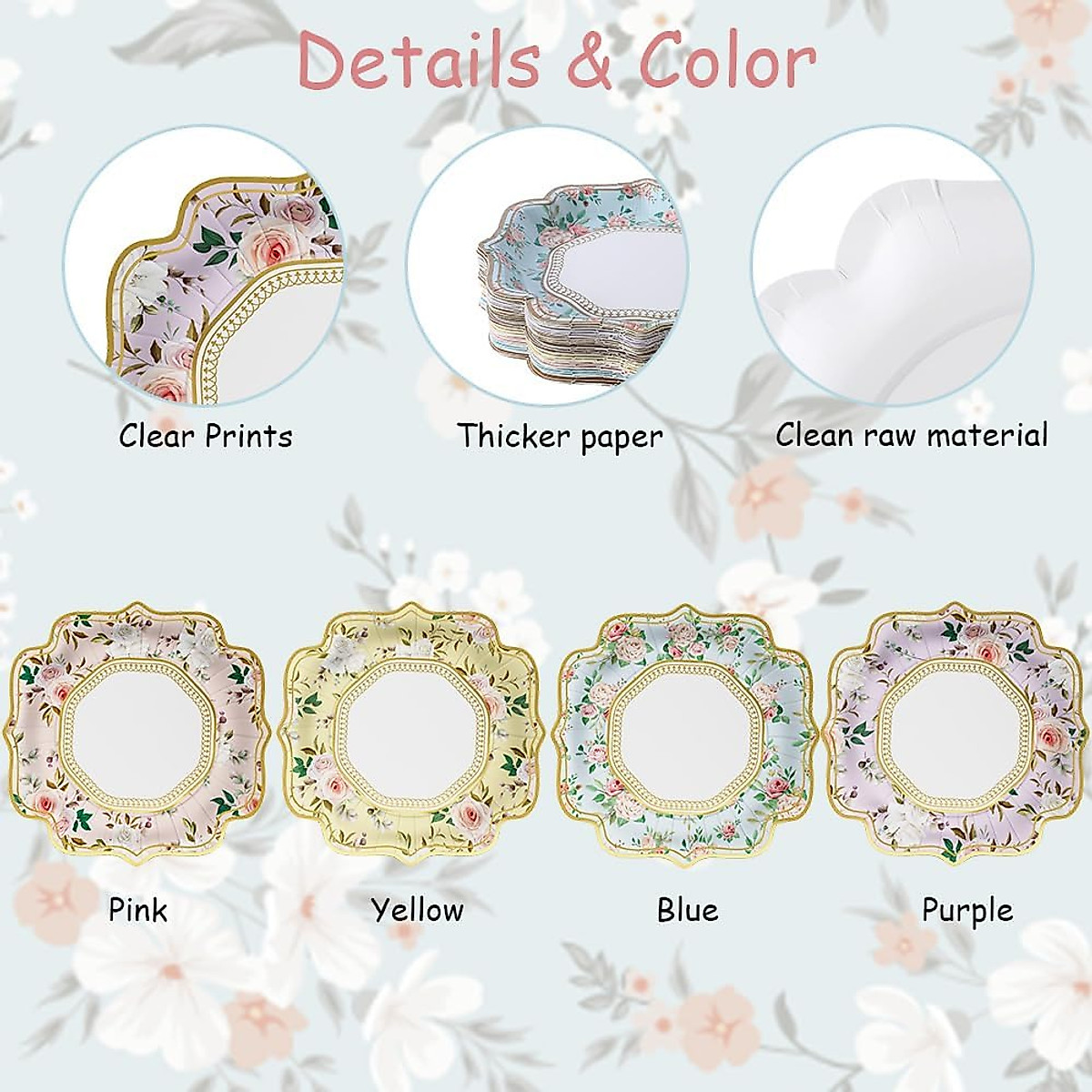 Eopelsm Floral Paper Plates Spring Tea Party Disposable Plates Tableware for Mother's Day Blossom Flower Fairy Garden Bridal Birthday Baby Shower Party Supplies, Pack of 48 (9 inch)