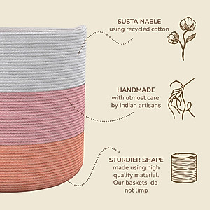 Eco Living Recycled Cotton Rope Storage Cube Basket, Plant Basket Multi-Purpose Woven Cube Organizer/Shelves, Closet Storage Bins, Nursery Kids Room Organizer 11 Inch Set of 3 - White & Pink