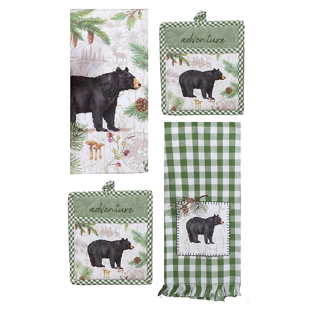 DHE Piece Black Bear Pinecone Trails Kitchen Set, 1 Dual Purpose Towel, 1 Applique Towel and 2 Pocket Mitts Green