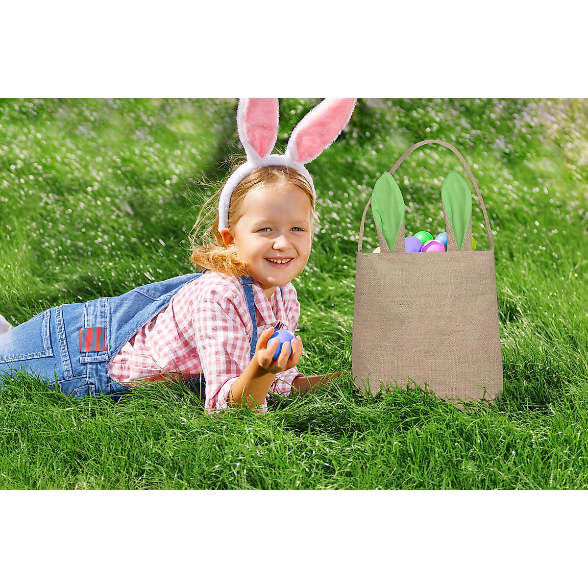 Green Easter Baskets For Kids - Easter Bags with Handles - Large Easter Baskets for Kids Empty - Easter Bunny Bag for Girls or Boys - Burlap Easter Bunny Ear Bag by Jolly Jon