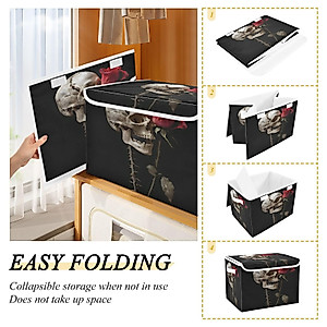 DALAWU Containers Baskets with Lids Rose Skull Fabric Foldable Storage Bins Organizer with Lid Collapsible Storage Boxes for Home Bedroom Closet Office
