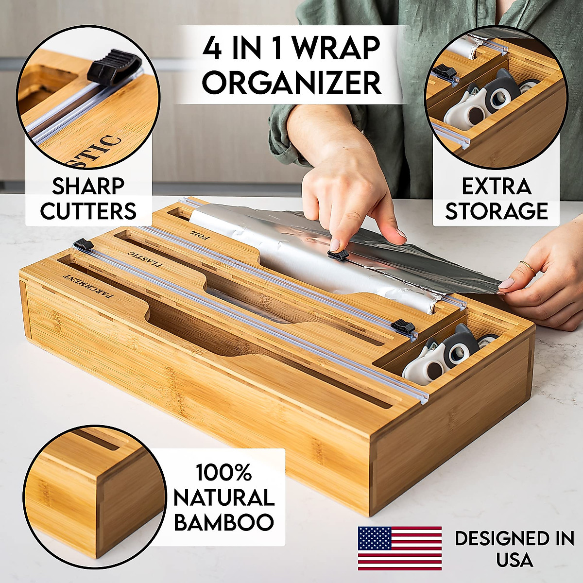 EmBee Home 4-in-1 Bamboo Wrap Organizer Dispenser with Storage for Kitchen Drawer - Compatible with Aluminum Foil, Plastic, and Paper Rolls "12 and "15 Rolls - Slider and Labels Included