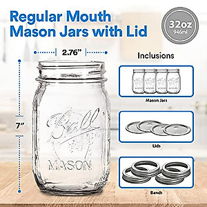 Regular Mouth Mason Jars 32 oz. (4 Pack) - Quart Size Jars with Airtight Lids and Bands for Canning, Fermenting, Pickling, or DIY Decors and Projects - Bundled with Jar Opener