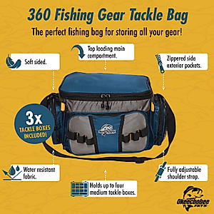 360 Fishing Gear Tackle Bag by Okeechobee Fats | Soft Sided Fishing Bag | Includes 3 Fishing Accessories Utility Boxes | Top Loading Fishing Tackle Box Bag | Deepwater Blue, 10.8in x 7.8in x 7"