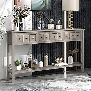 P PURLOVE Rustic Entryway Console Table, Sofa Tables Narrow Long 60 Inch with Two Different Size Drawers and 1 Shelf, Wood 2 Tiers Console Sofa Table, for Living Room Hallway Bedroom, Gray Wash