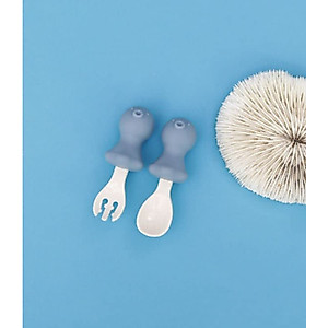 Edison Friends Self-Feeding Silicon Spoon and Fork Set with Case, 100% Platinum Silicon, Octopus Shape (Mint), Made in Korea