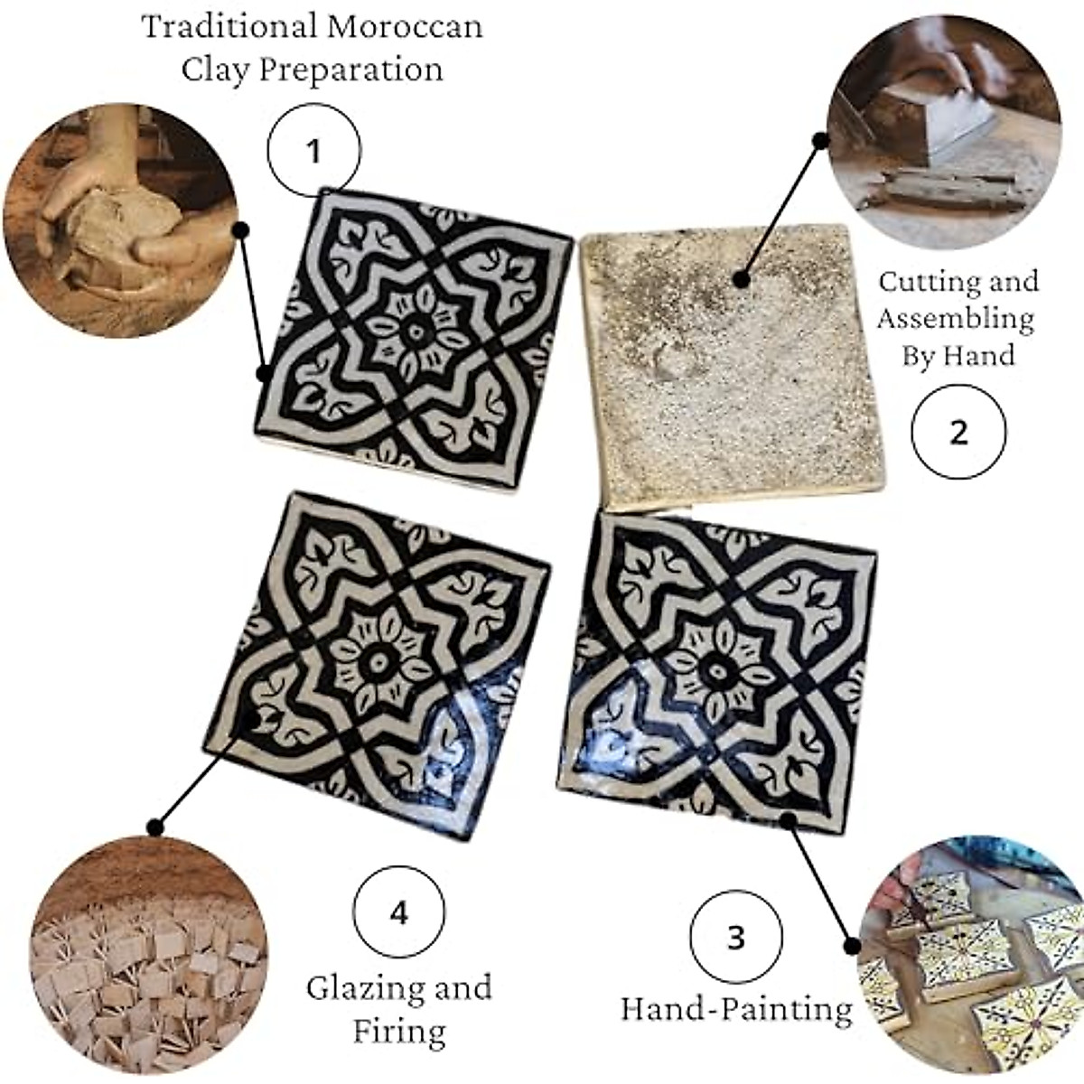 Painted Black White Ceramic Tile 4x4 - Moroccan Hand Painted Square Tile Zellige for Kitchen Backsplash, Outdoor/Indoor Tiles Bathroom or Shower Tile, Handmade Ceramic Traditional Tile (20 Tiles)