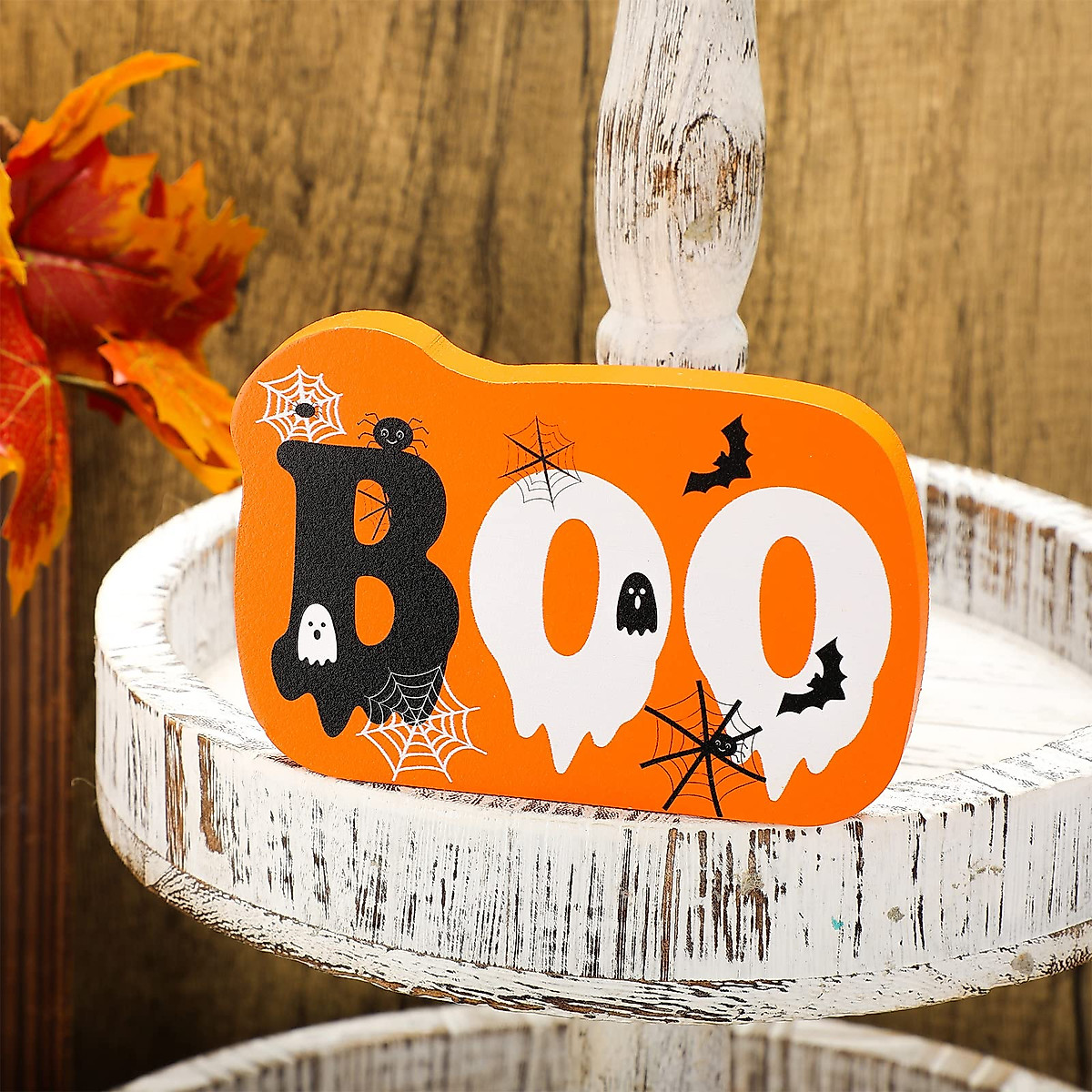 4 Pieces Halloween Decor Halloween Tiered Tray Decorations Tabletop Wooden Ghost Theme Table Centerpieces Cute Decor Boo Halloween Blocks Spooky Sign Trick or Treat Candy Sign for Home Shelf Party