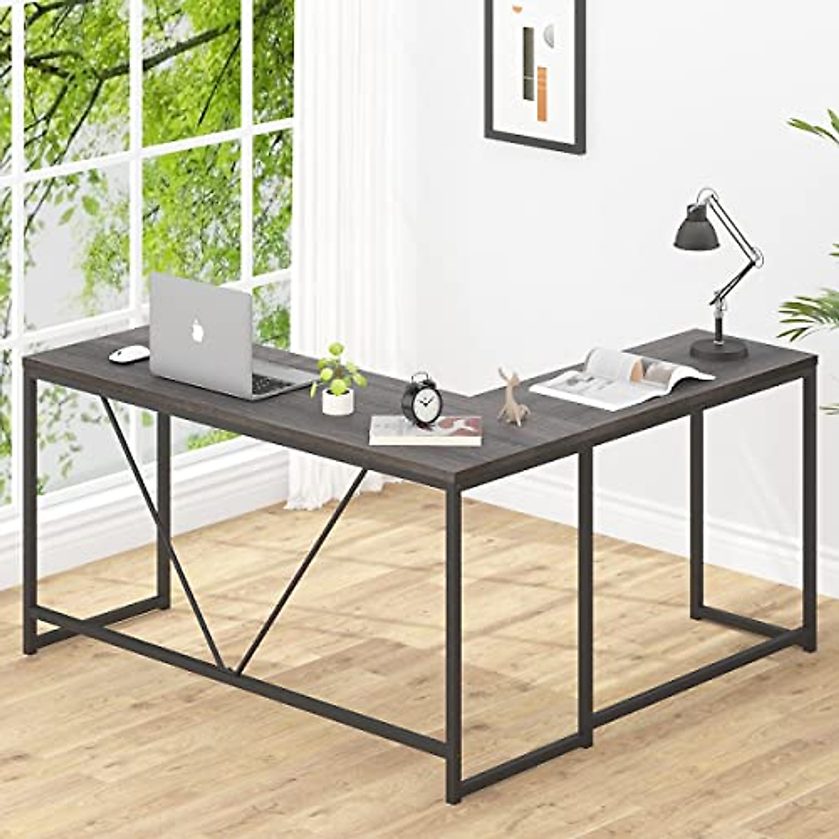 HSH L Shaped Computer Desk, Wood and Metal Reversible Corner Desk for Small Space, Industrial Rustic Crafting Writing Workstation Table for Home Office Study, Grey Oak, 59 x 55 inch