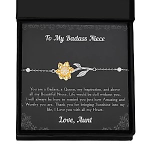 Niece Gifts From Aunt, Life To My Badass Niece Bracelet From Aunt, Sterling Silver Bracelet with 14k Gold Sunflower For Niece, Birthday Graduation, Valentines Gift For Niece